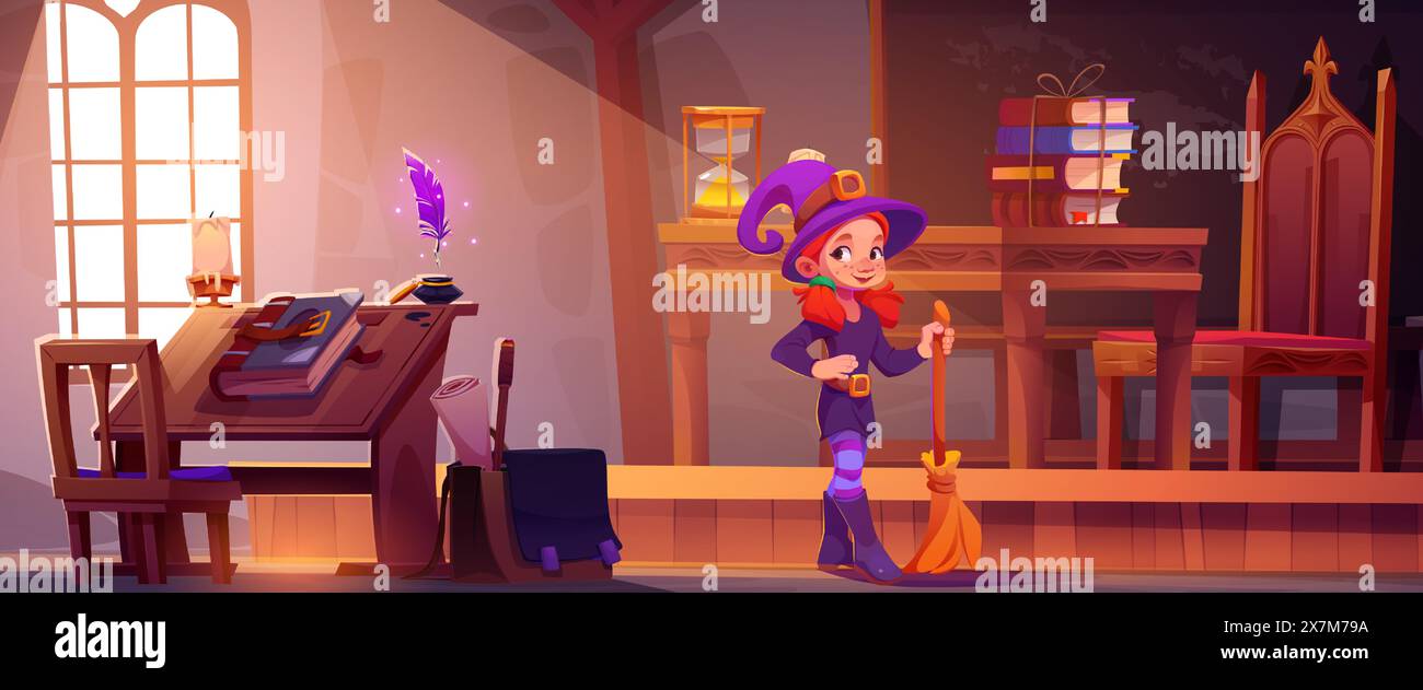 Magic wizard school interior with kid girl witch in hat and with broom ...