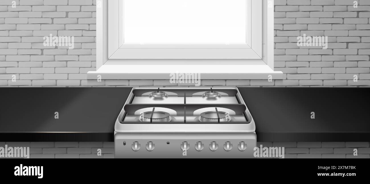 Kitchen cooktop with steel gas stove, window and white brick wall ...