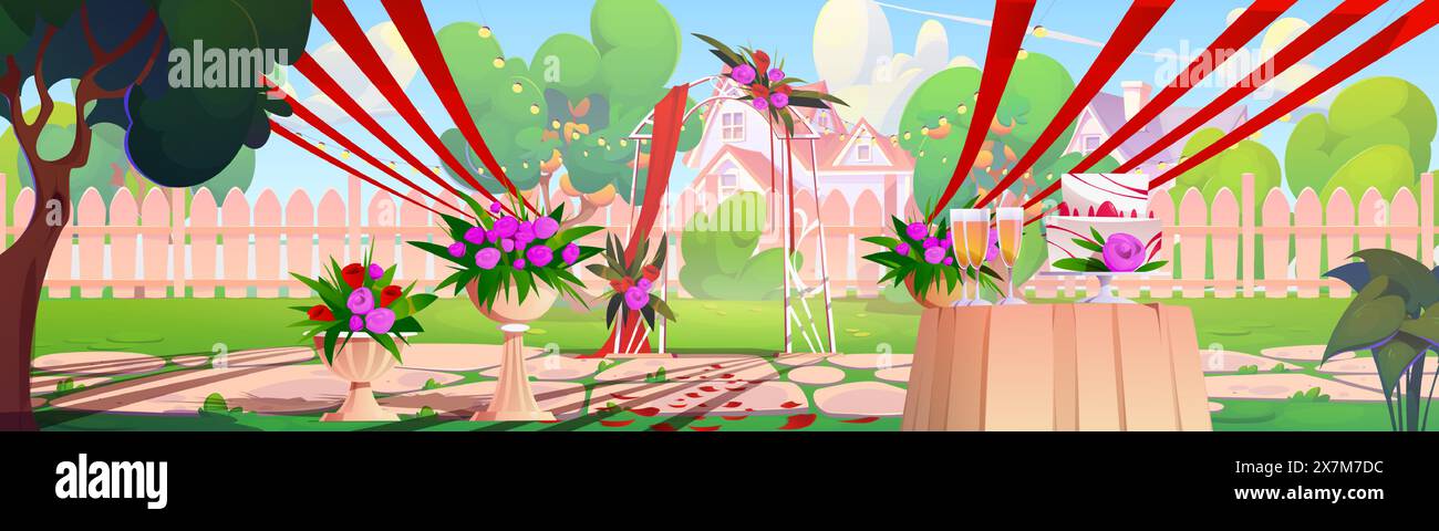 Wedding backyard with fence cartoon landscape. Grass yard scene with ...