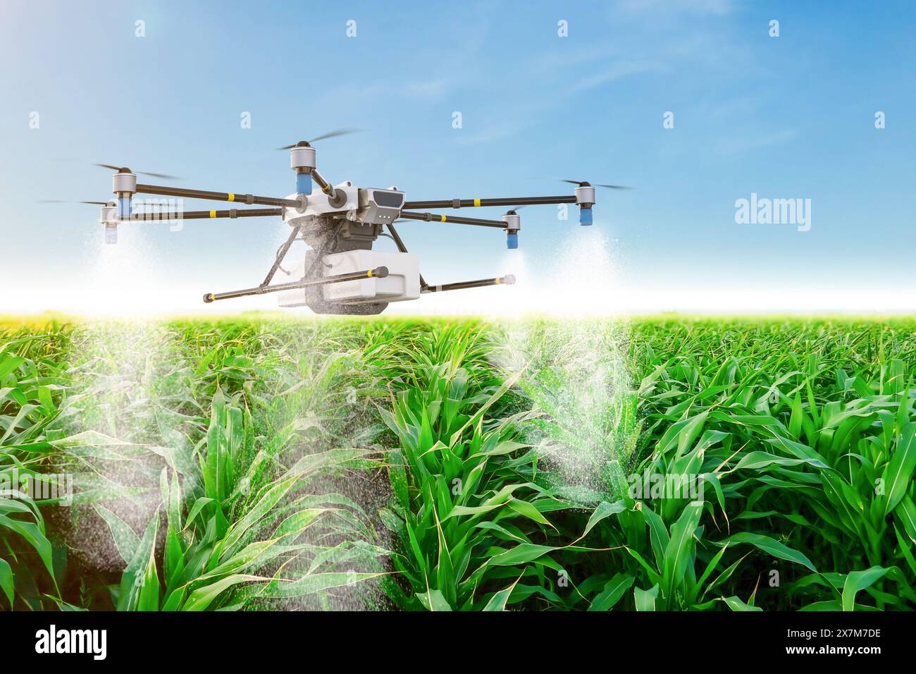 Agriculture technology concept with 3d rendering drone fly above and ...