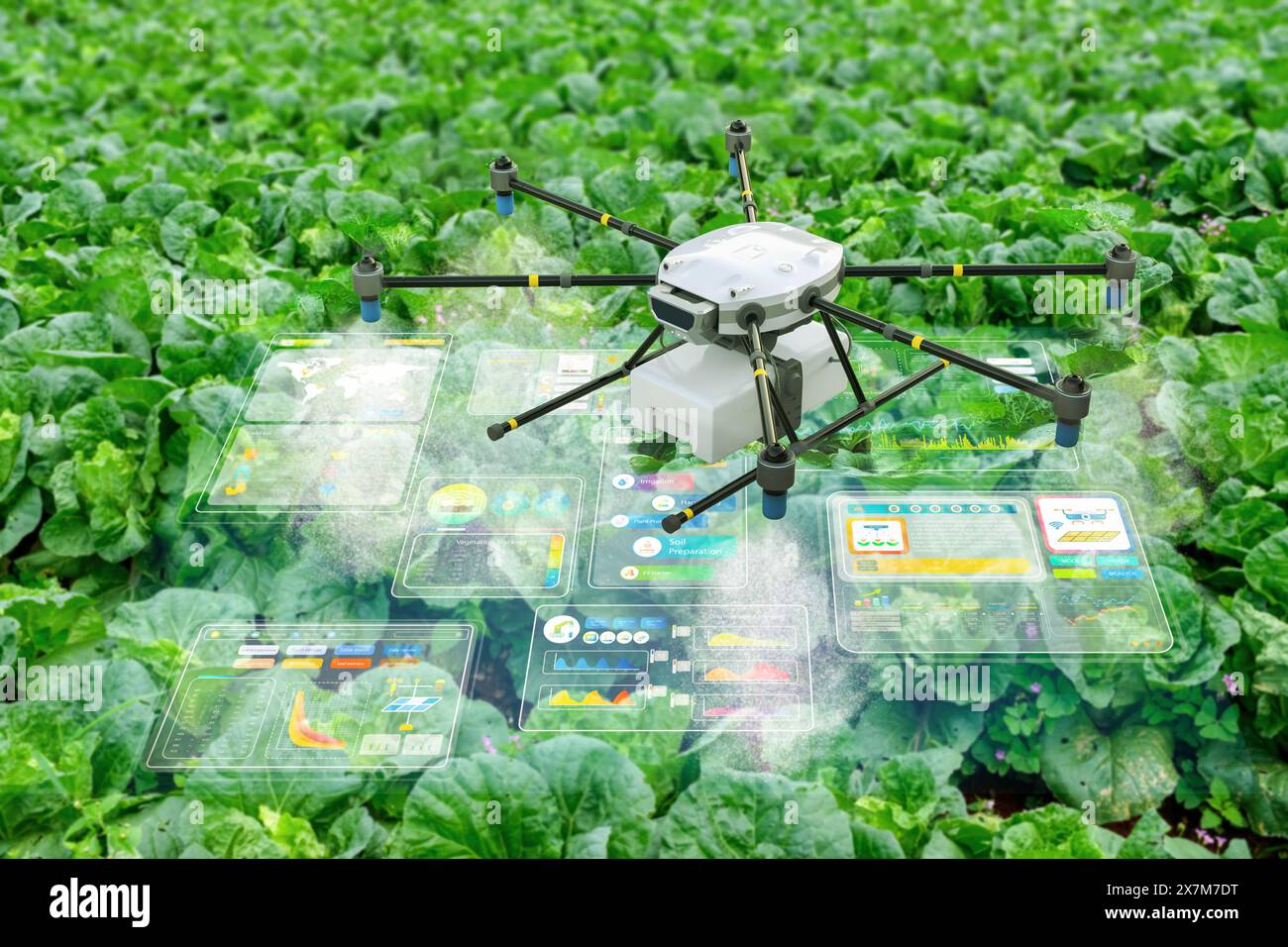 Agriculture technology concept with 3d rendering drone fly above with ...