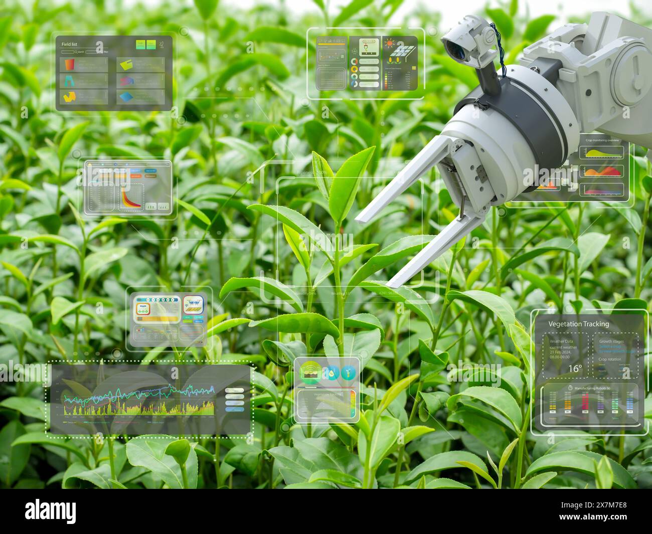 Agriculture technology concept with 3d rendering assistant robot and ...