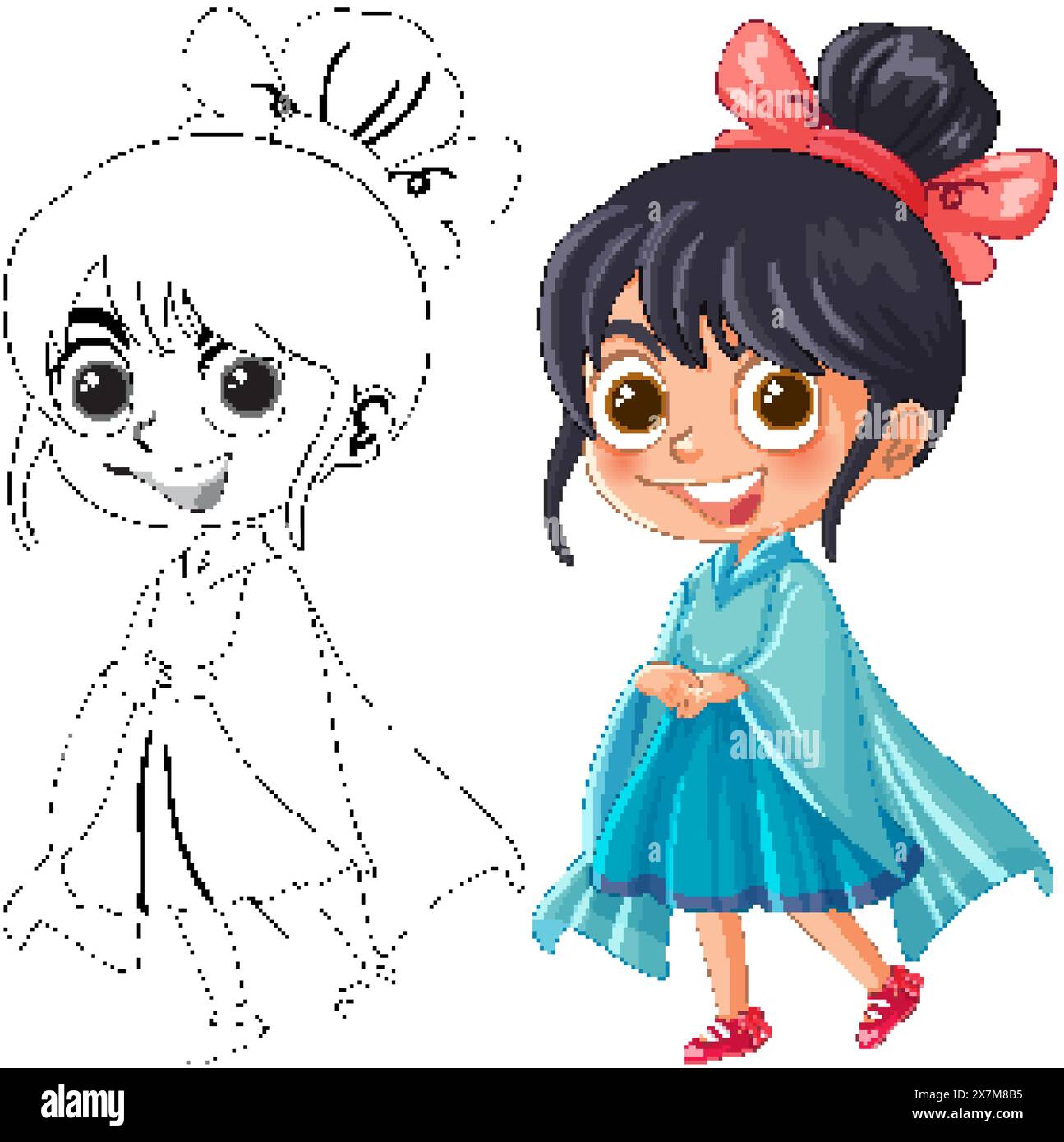 Colorful and sketched versions of a cartoon girl Stock Vector Image ...