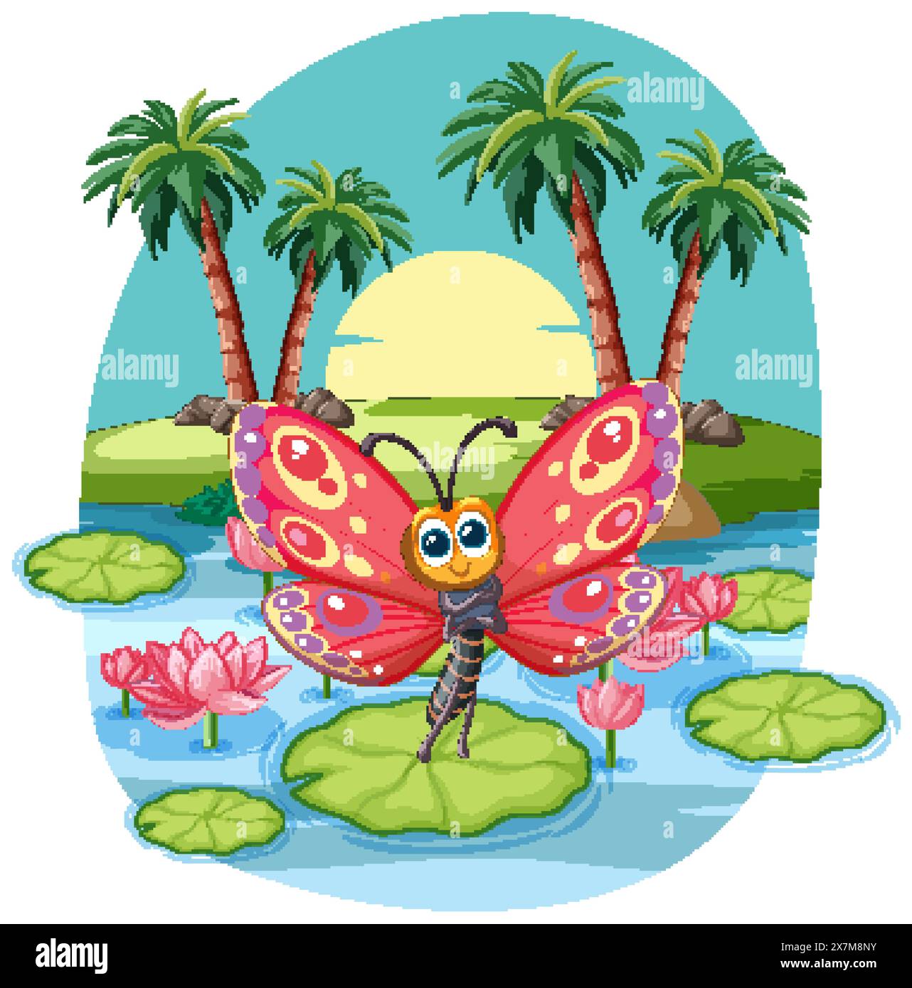 Colorful butterfly character in a lush landscape Stock Vector Image ...