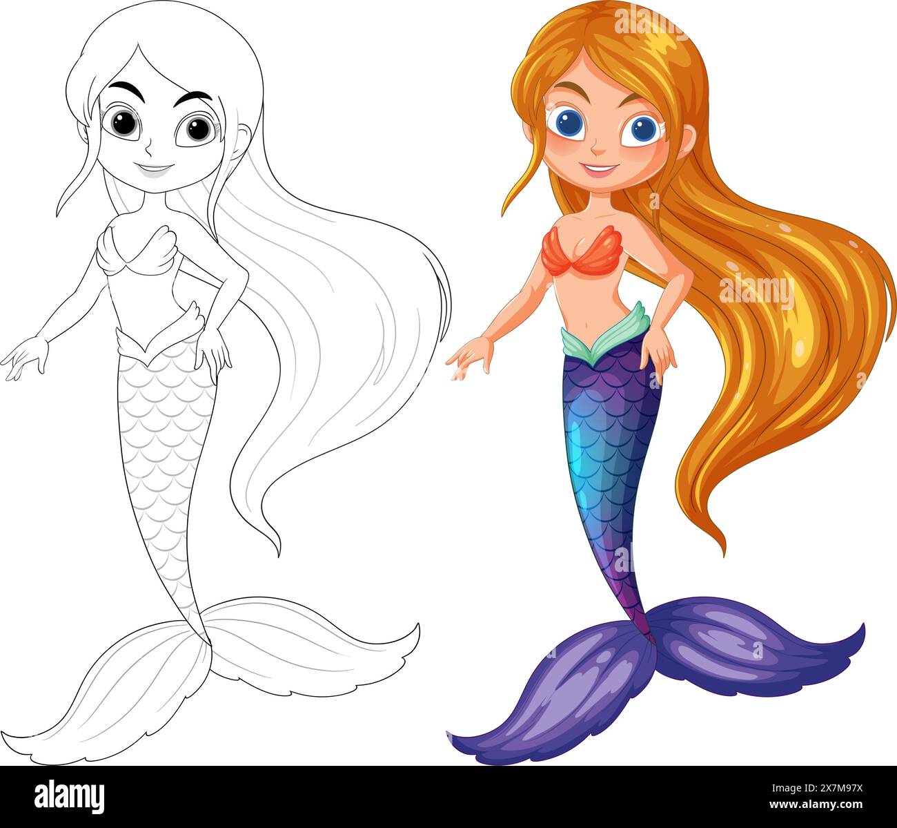 Vector illustration of a mermaid in color and outline Stock Vector ...