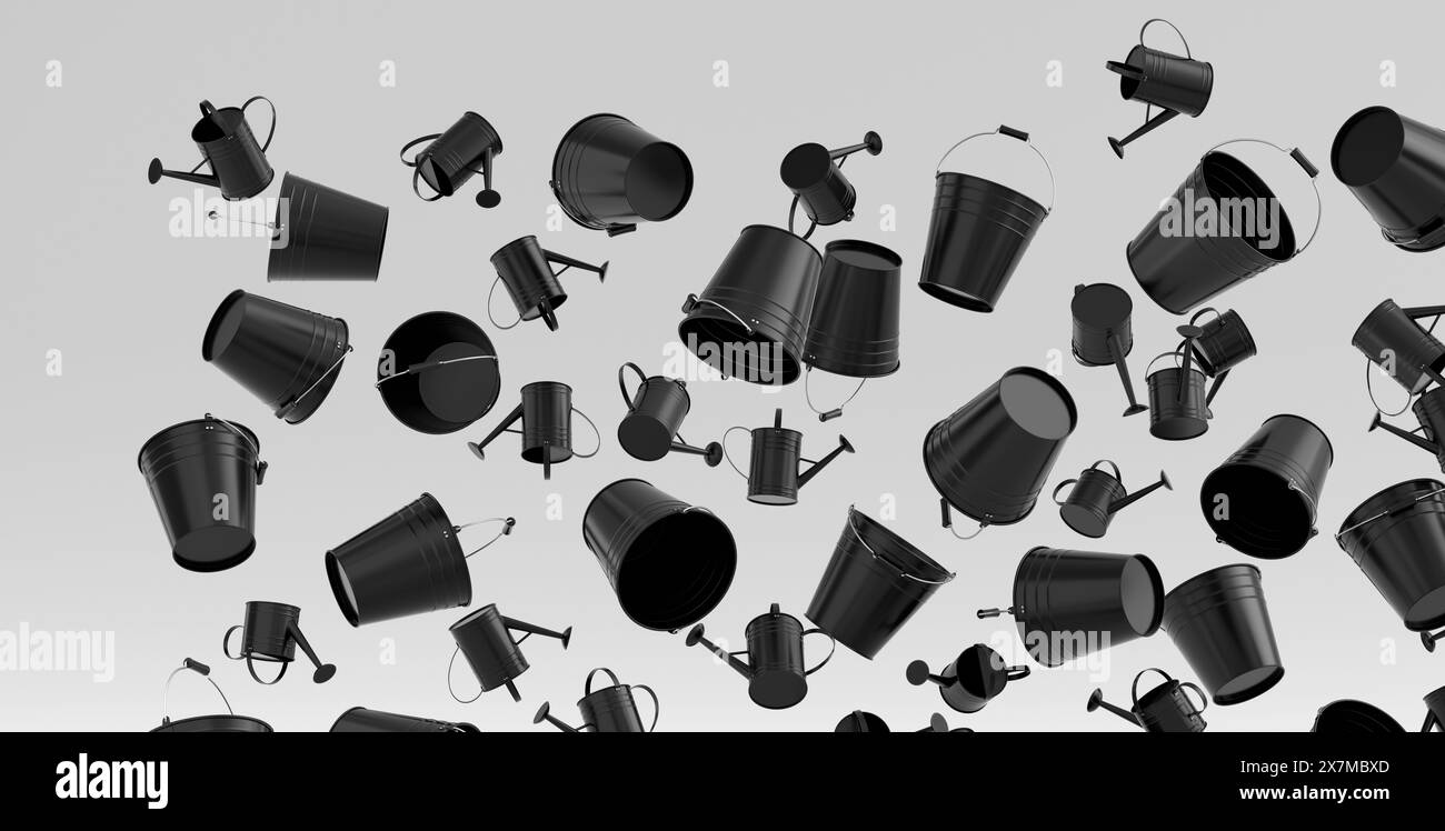 Many of flying garden buckets for hydration of plants on white ...