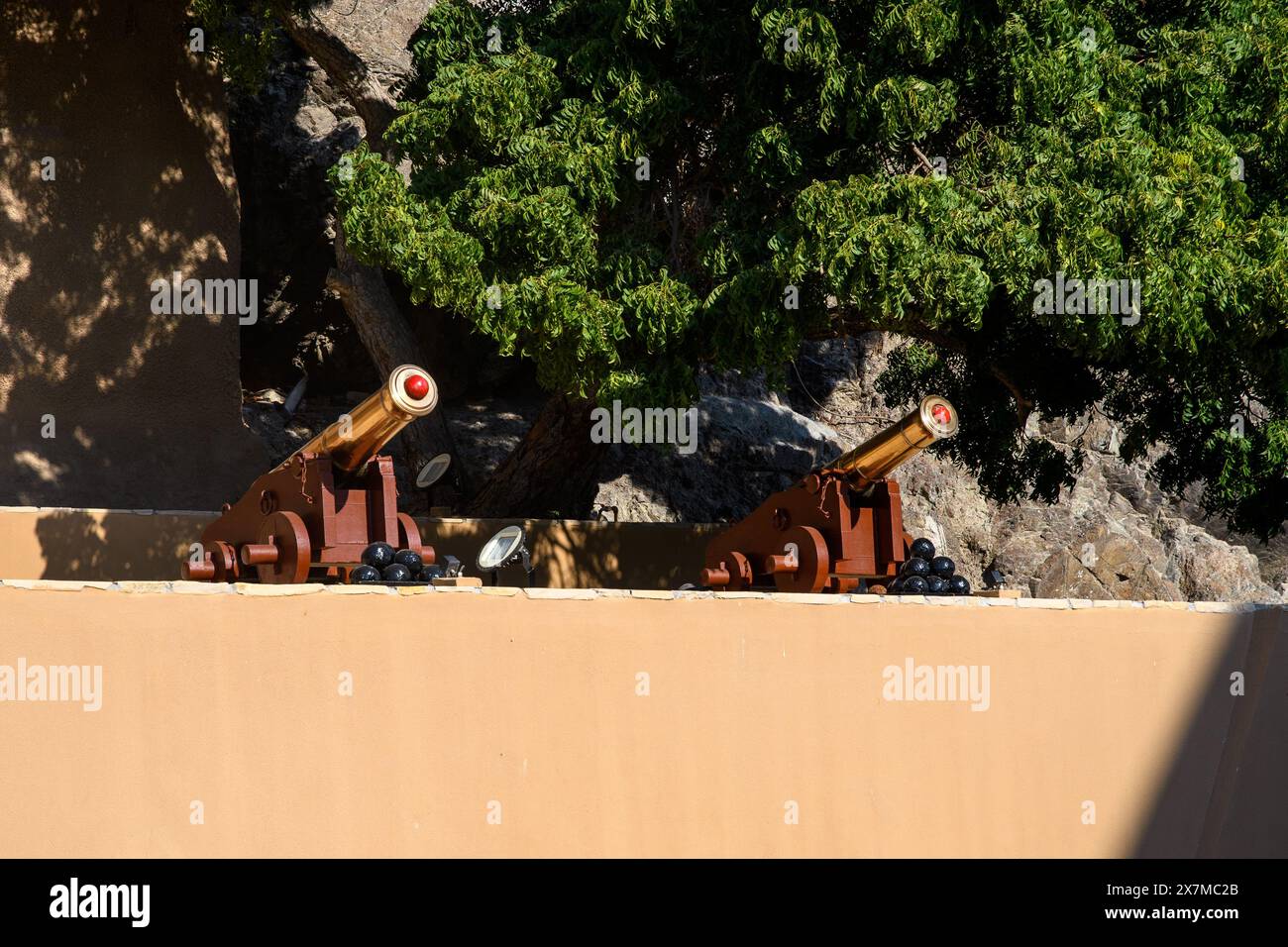 Muscat, Oman - January 2, 2024: Two ancient cannons on display at a ...