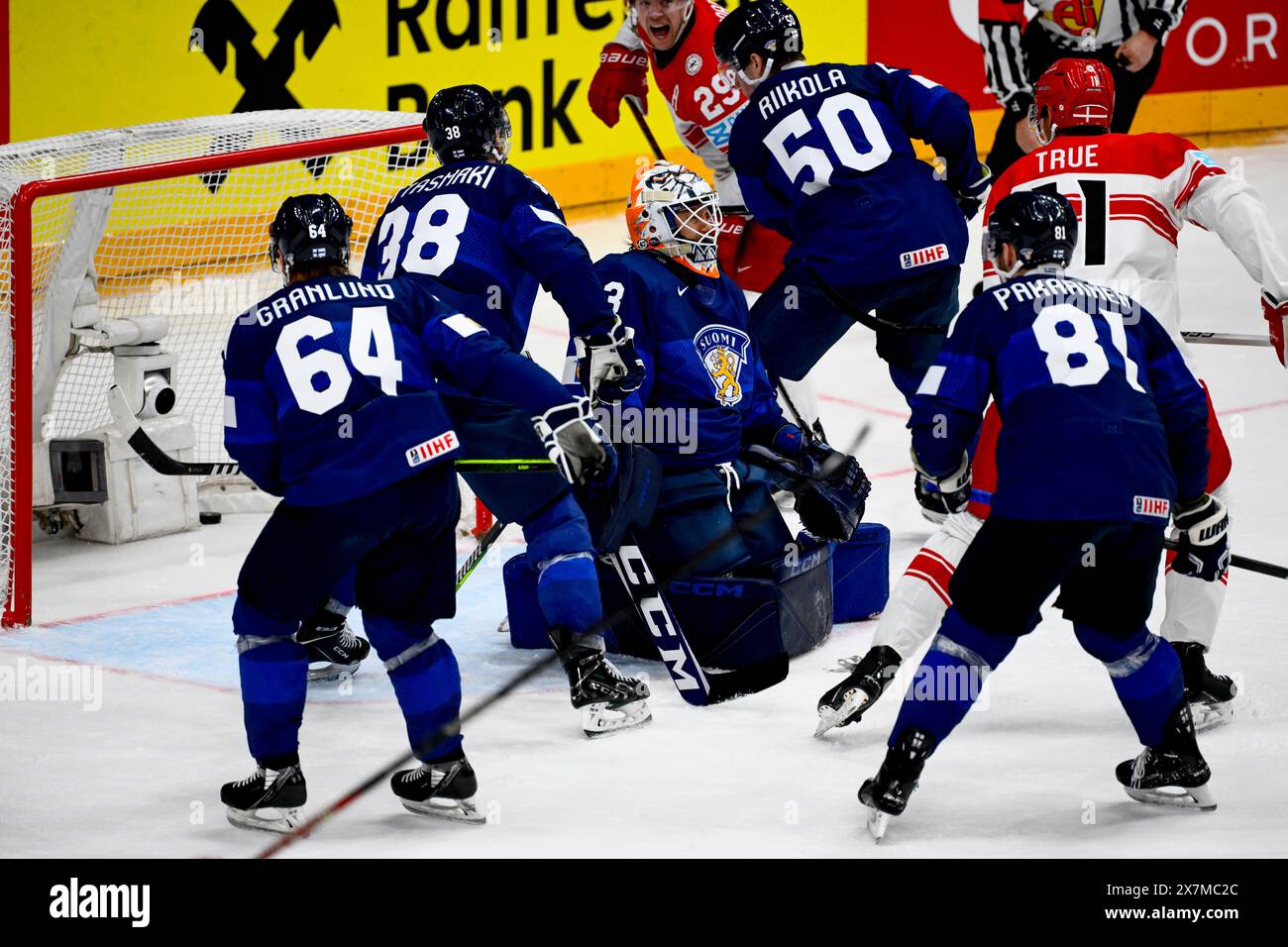 Goalkeeper Emil Larmi (FIN) gets a goal during the 2024 IIHF World ...