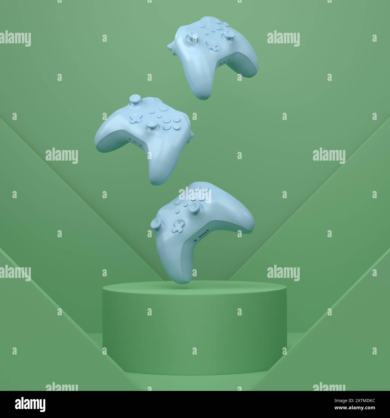 Set of video game joystick on cylinder podium with steps on monochrome ...