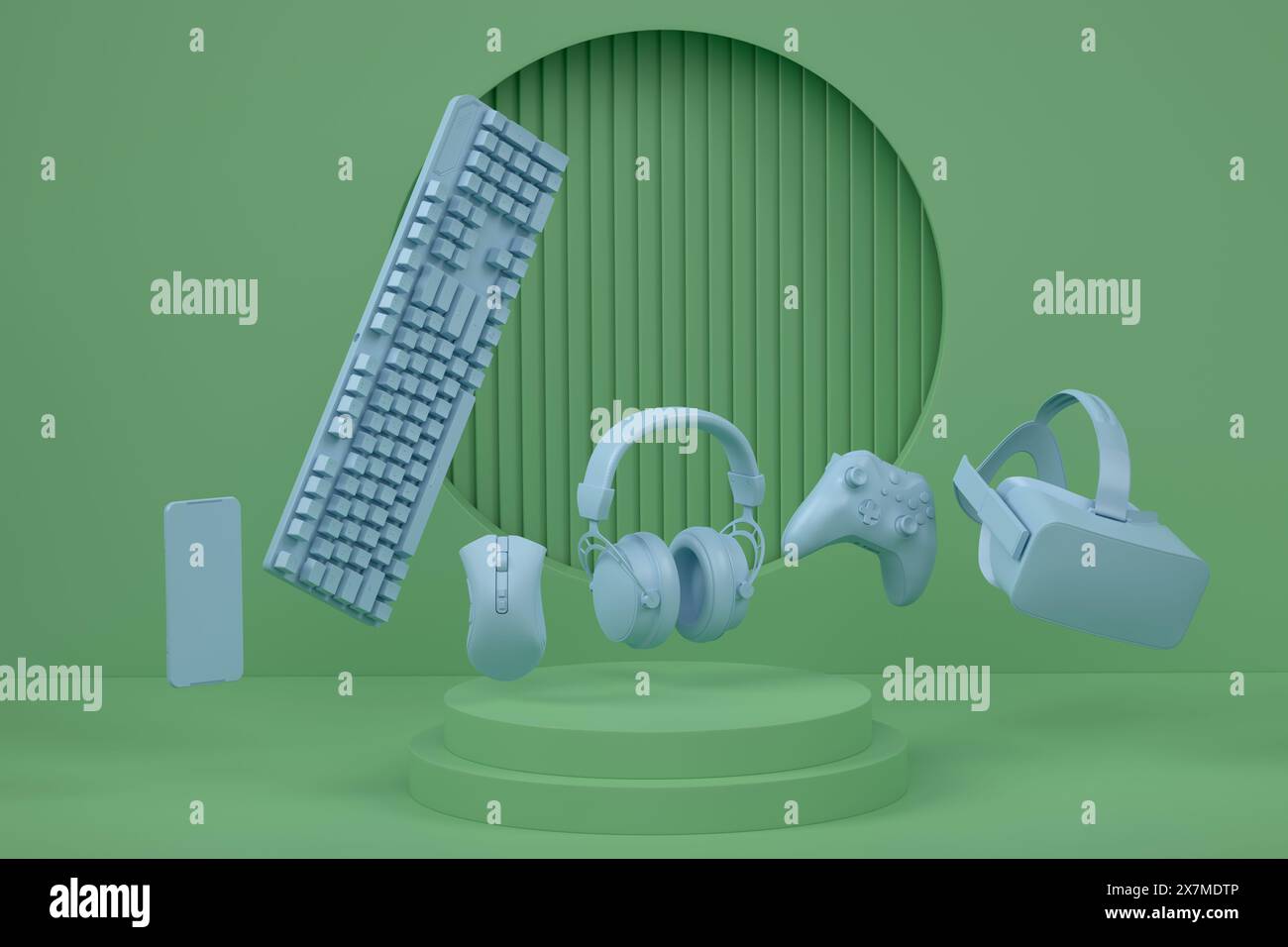 Set of video game joystick, VR glasses and headphones on cylinder ...