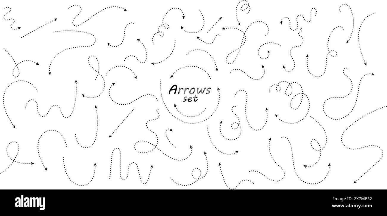 Set of hand drawn thin dash line arrows. Collection of curved pointers ...