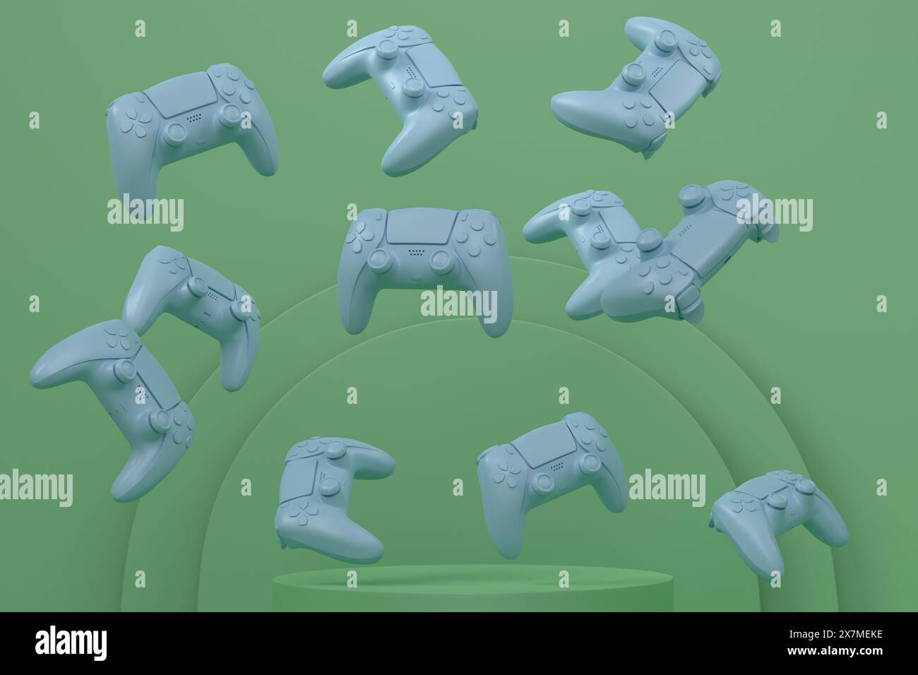 Set of video game joystick on cylinder podium with steps on monochrome ...