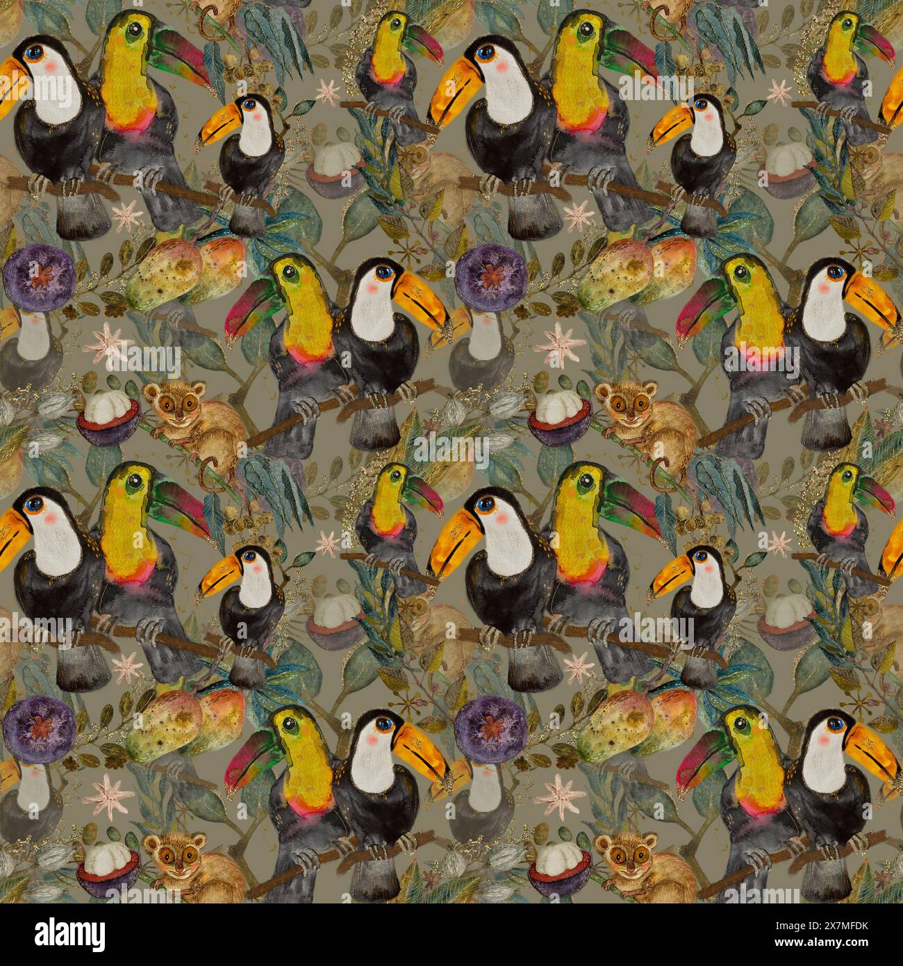Large Colorful Toucan Birds, Mango and Tropical Fruit Plant, Seamless ...