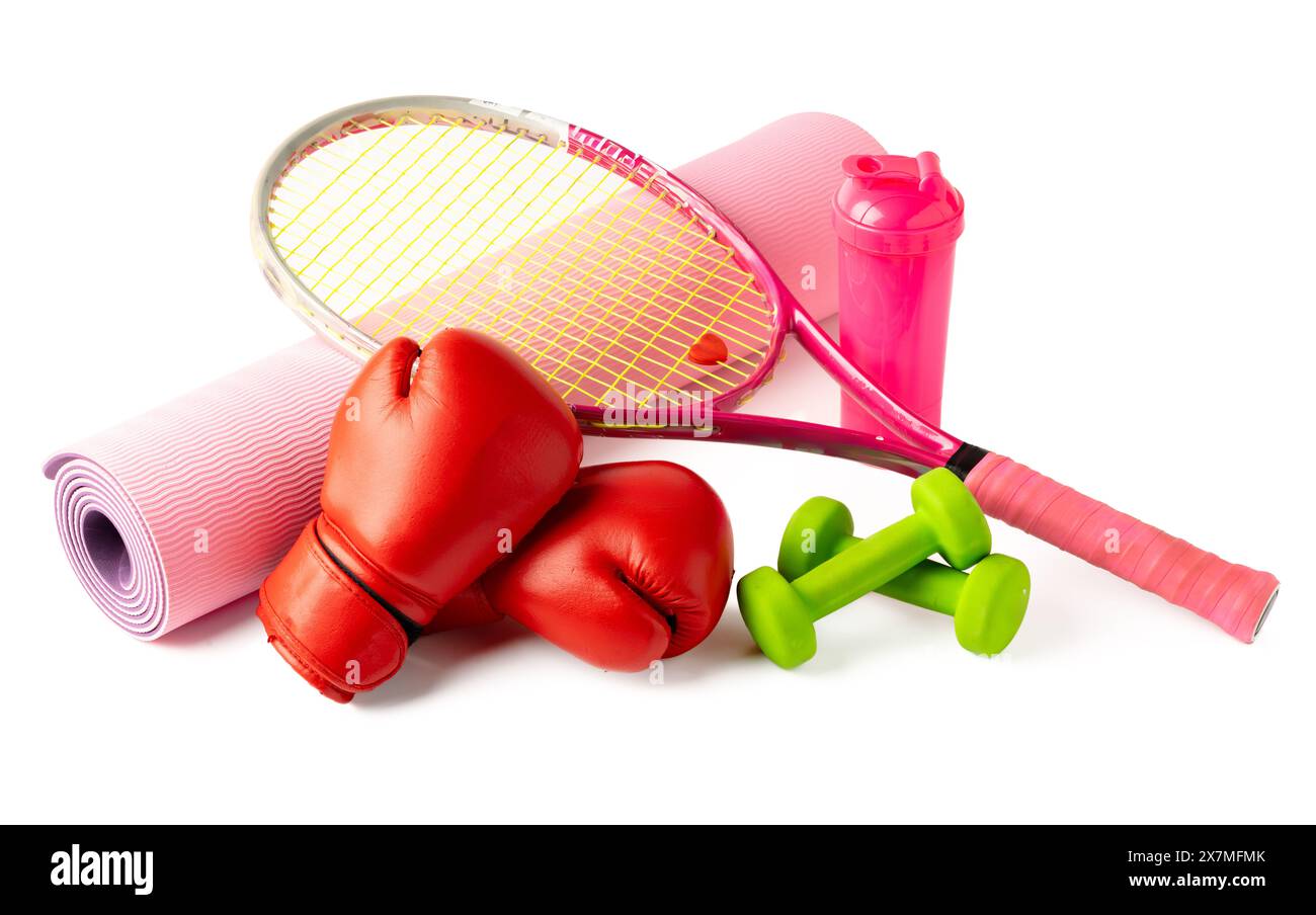 Assorted sports equipment isolated on white background Stock Photo - Alamy