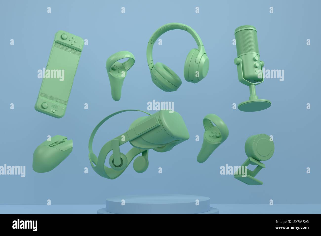 Set of video game microphone, VR glasses and headphones on cylinder ...