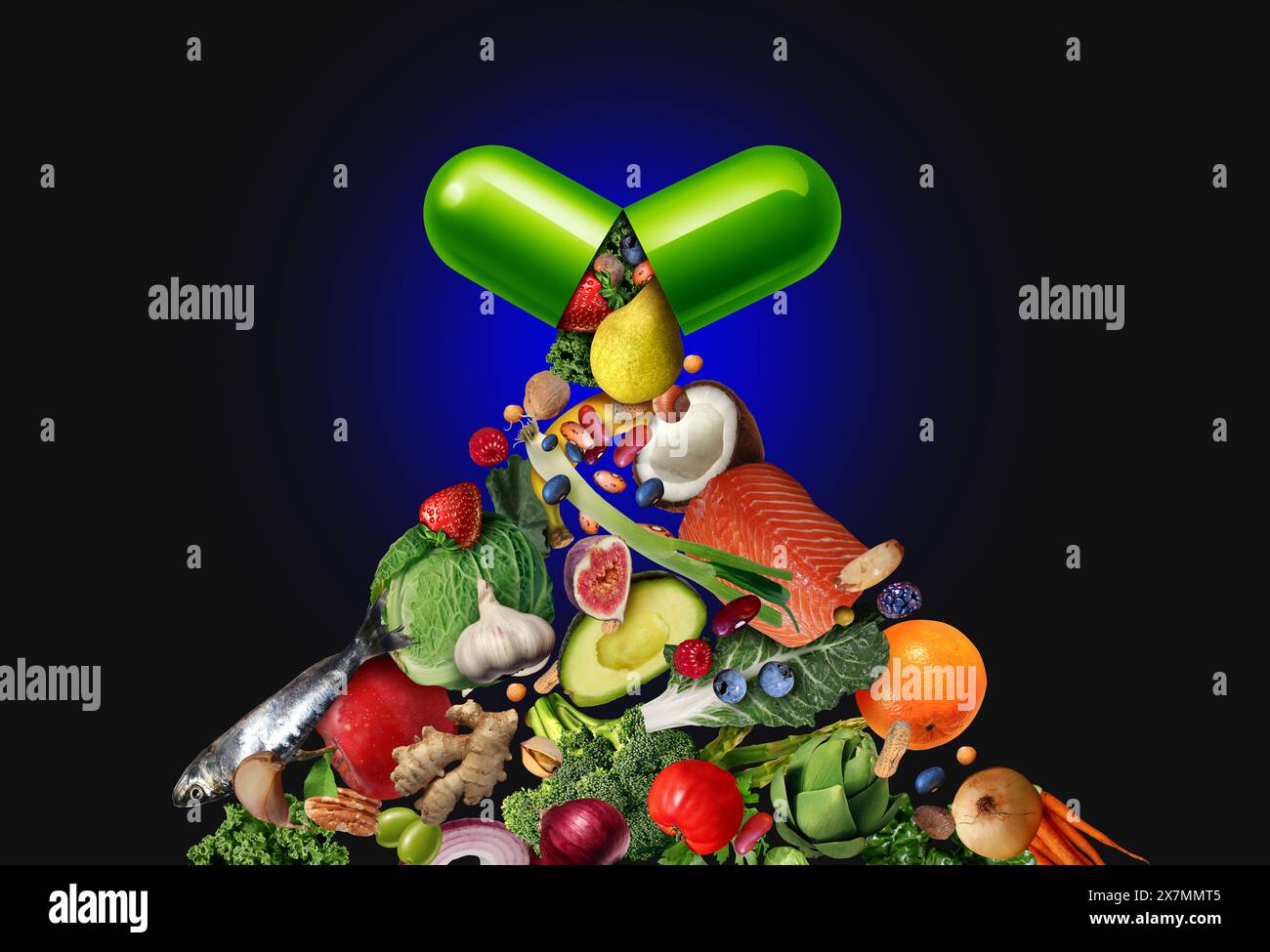 Dietary Vitamin supplement as a capsule with fruit vegetables nuts and ...