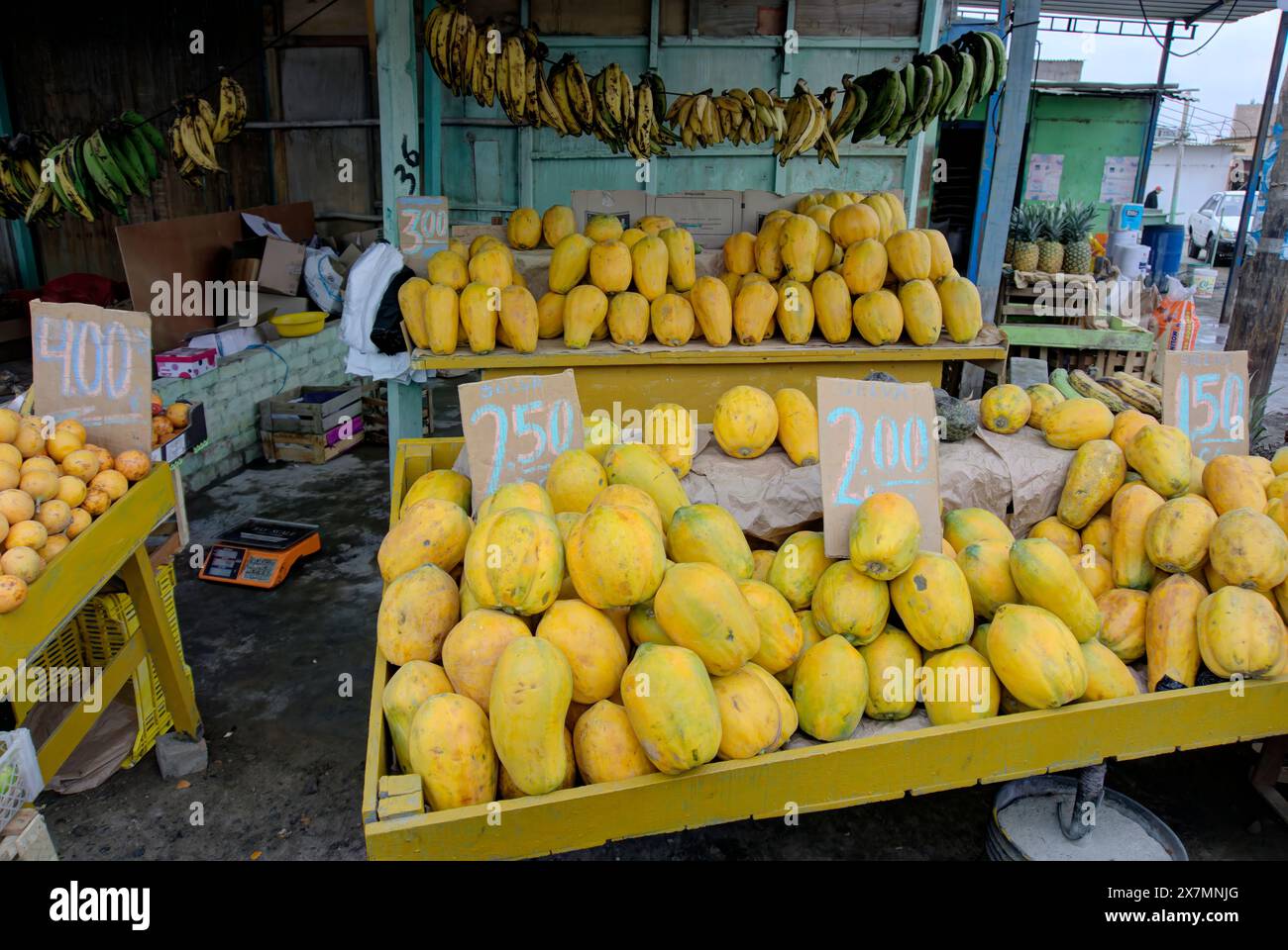 Chimbote, Peru - April 18, 2024: Various fruits for sale in public market Mercado dos de Mayo ...