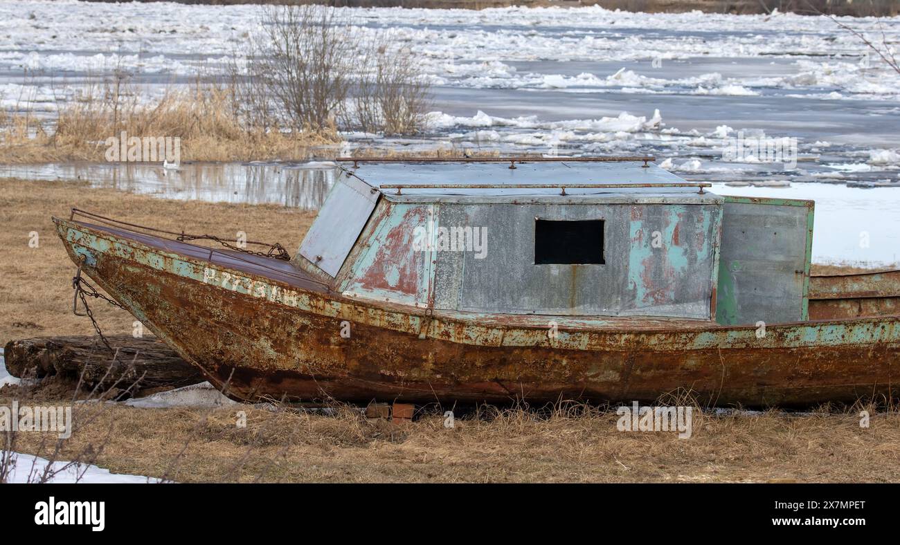 A landscape of an ice drift (ice-boom, debacle) on the northern river ...