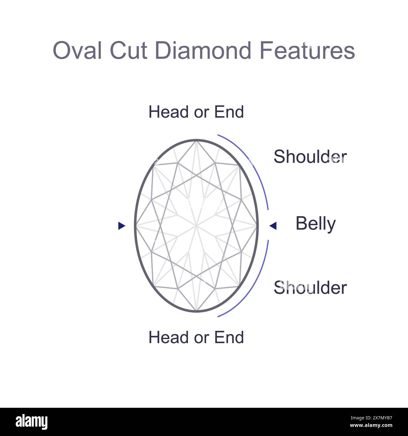 Oval cut precious gemstone anatomy, parts and their names. Outline icon ...