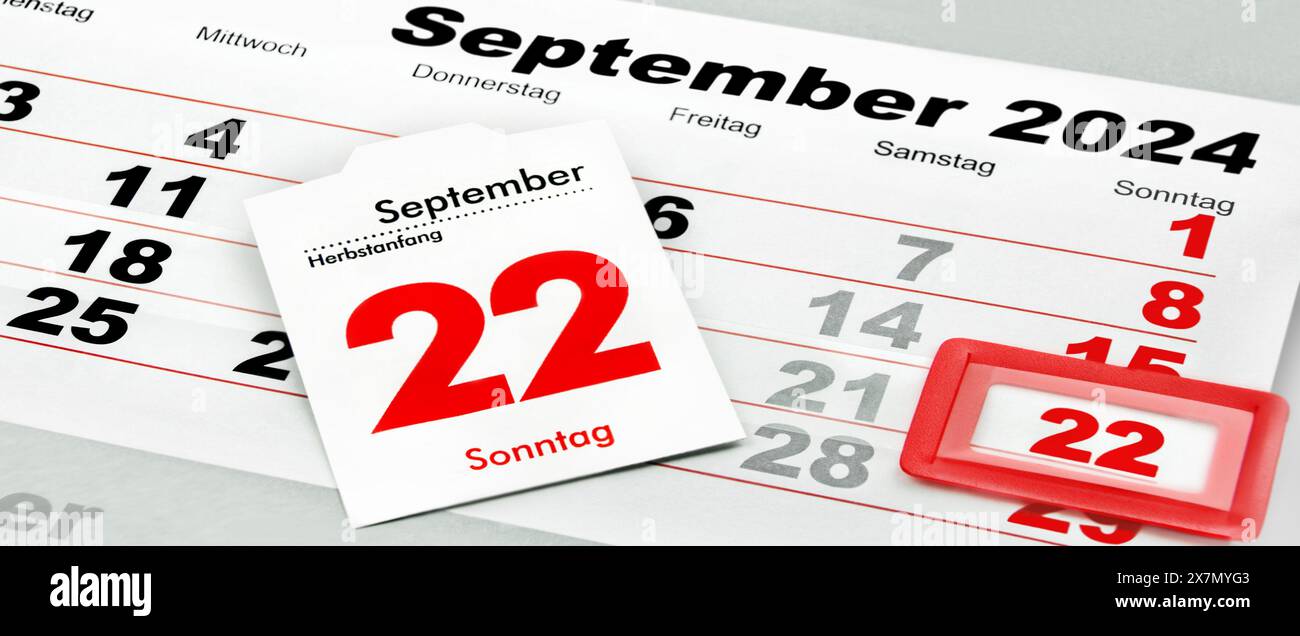 Deutscher Kalender Datum 22. September 2024 Sonntag Stock Photo - Alamy