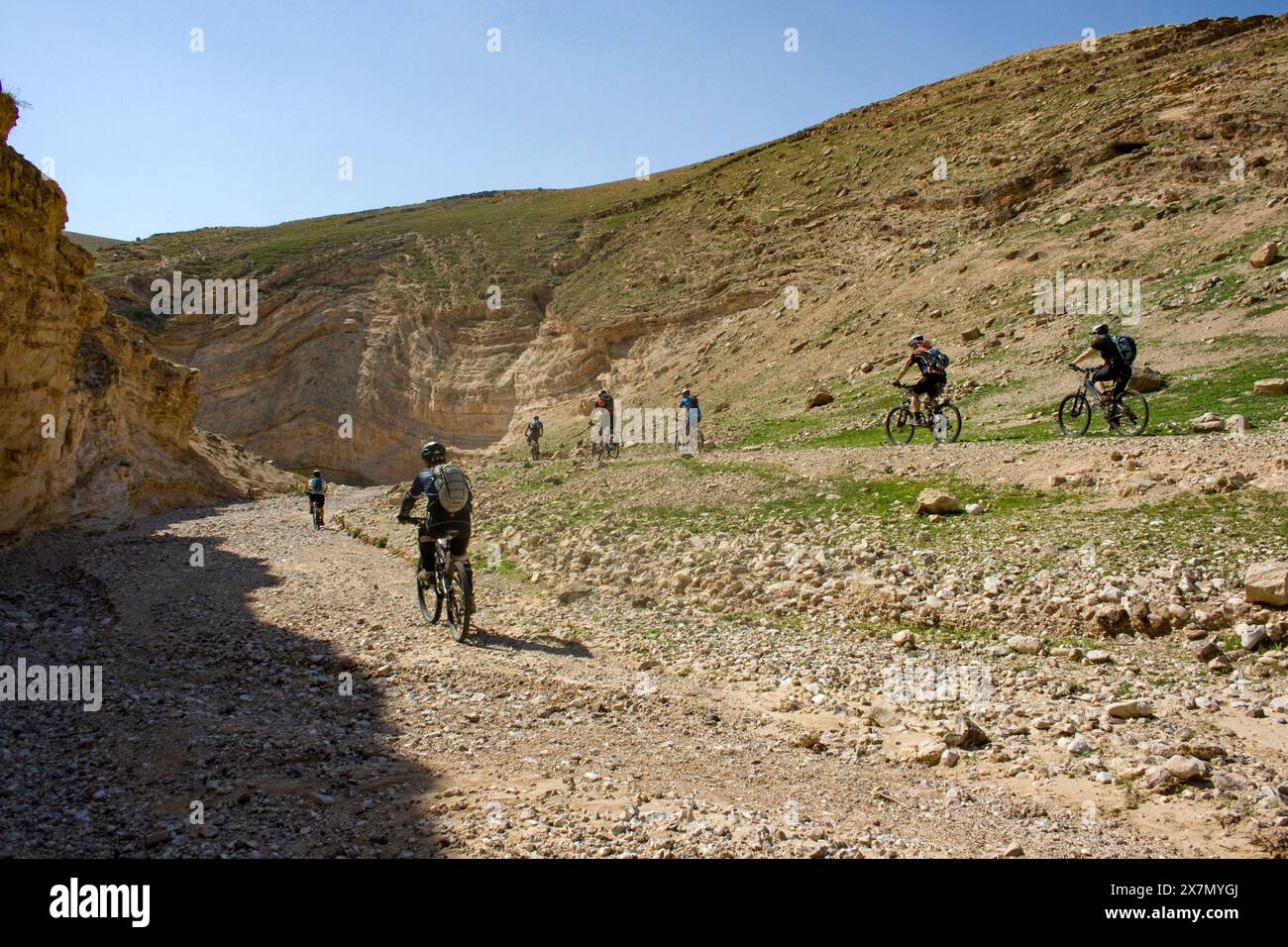 A group of cyclists on Mountain bikes touring in the Judean Desert ...