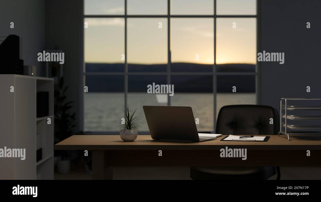 A modern private office room at sunset, a laptop computer and office ...