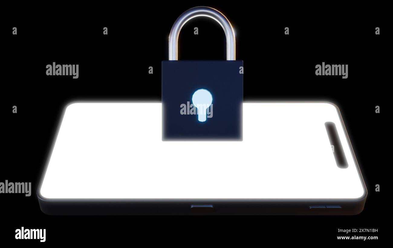 3d rendering of a smartphone and A black padlock with a keyhole is ...