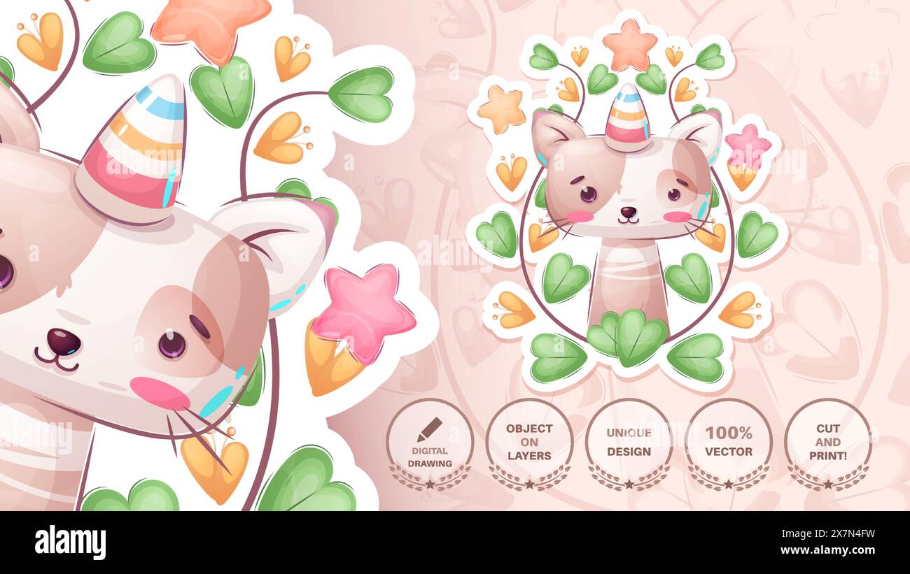 Caticorn Cartoon Character. Cute Amimal. Illustration for Kids Stock ...