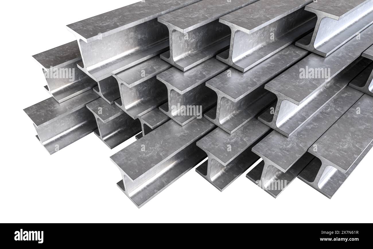 Pile metal channels isolated background transparency, industrial raw ...