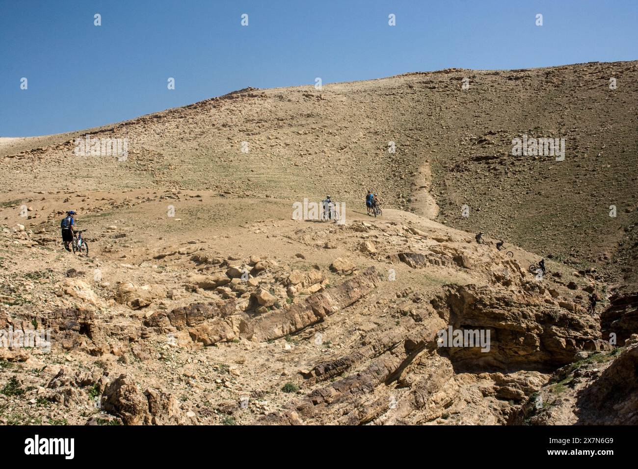 A group of cyclists on Mountain bikes touring in the Judean Desert ...