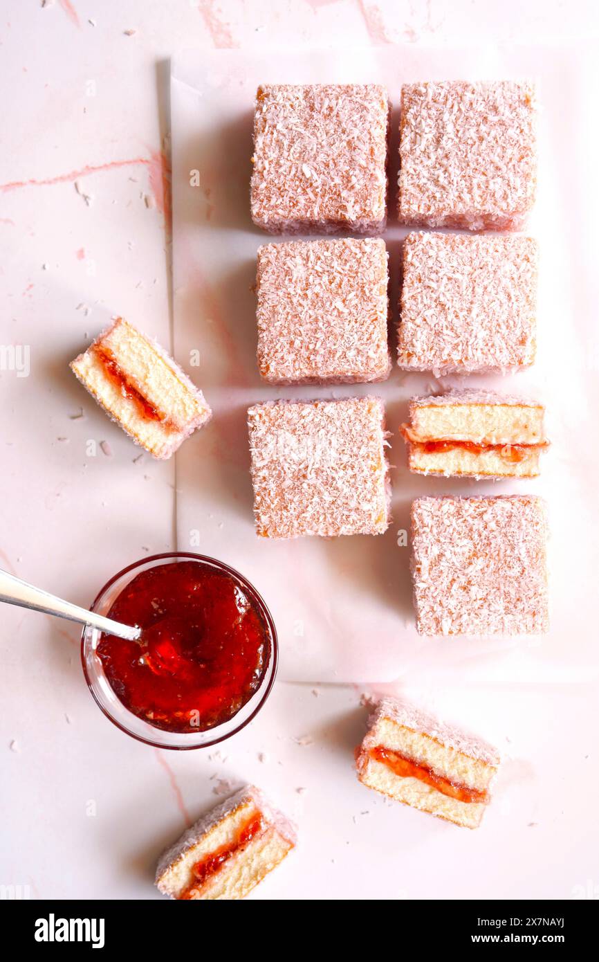 Australian Pink Lamington Small Square Cakes Sandwiched with Strawberry ...