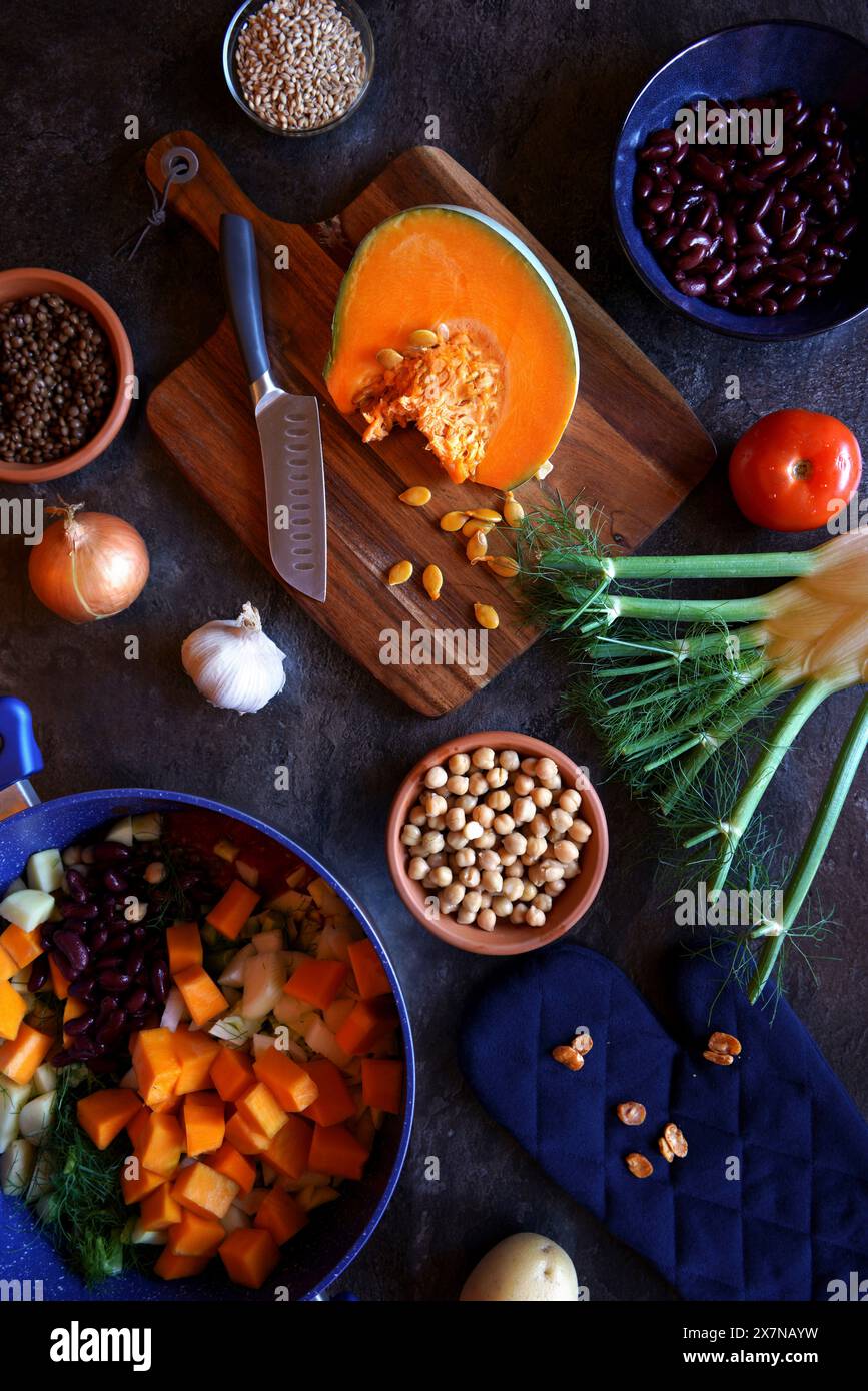 Preparation of Sardinian-style minestrone longevity soup. Top down ...