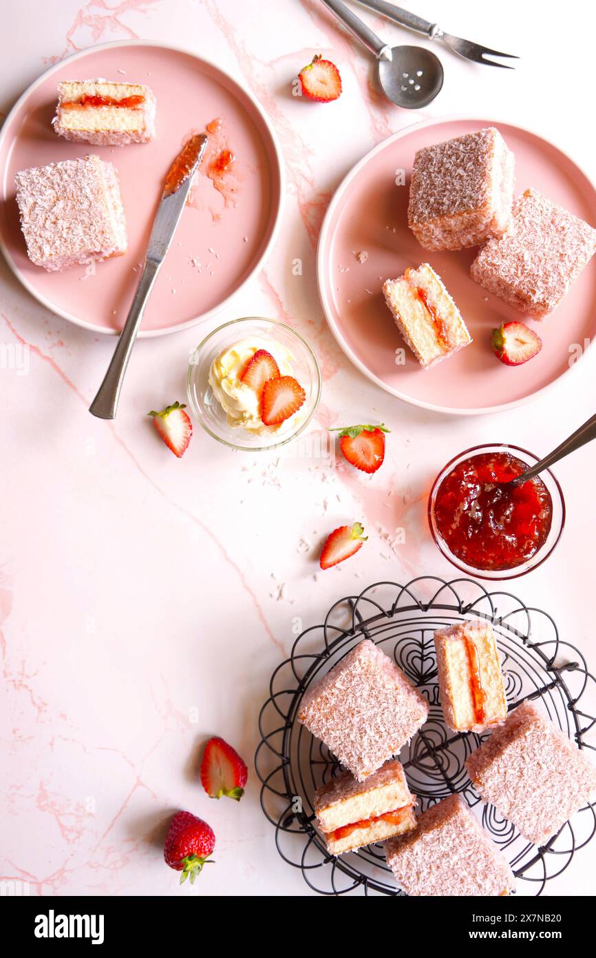 Australian Pink Lamington Small Square Cakes Sandwiched with Strawberry ...