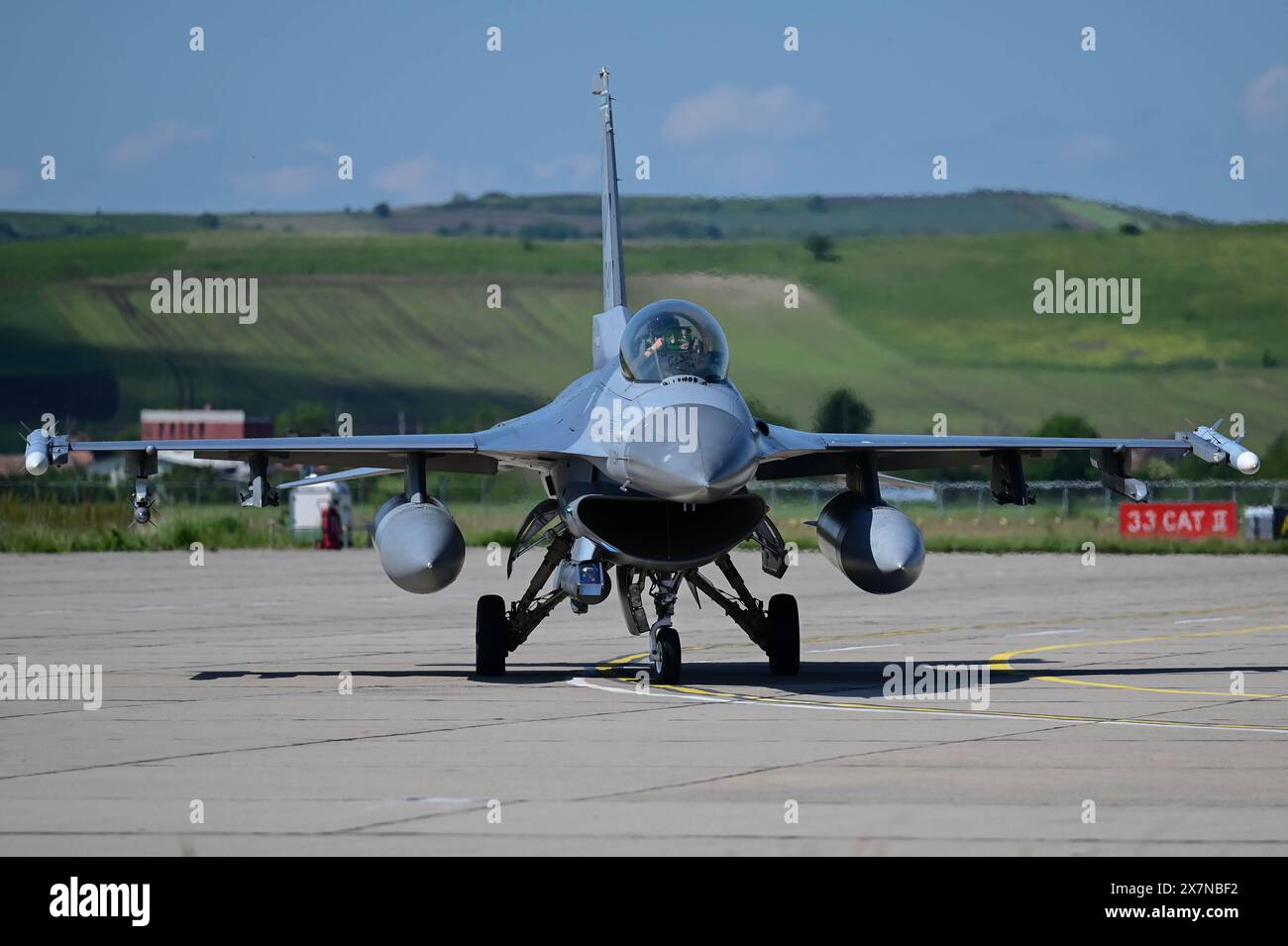 A U.S. Air Force F-16 Fighting Falcon assigned to the 555th Fighter ...