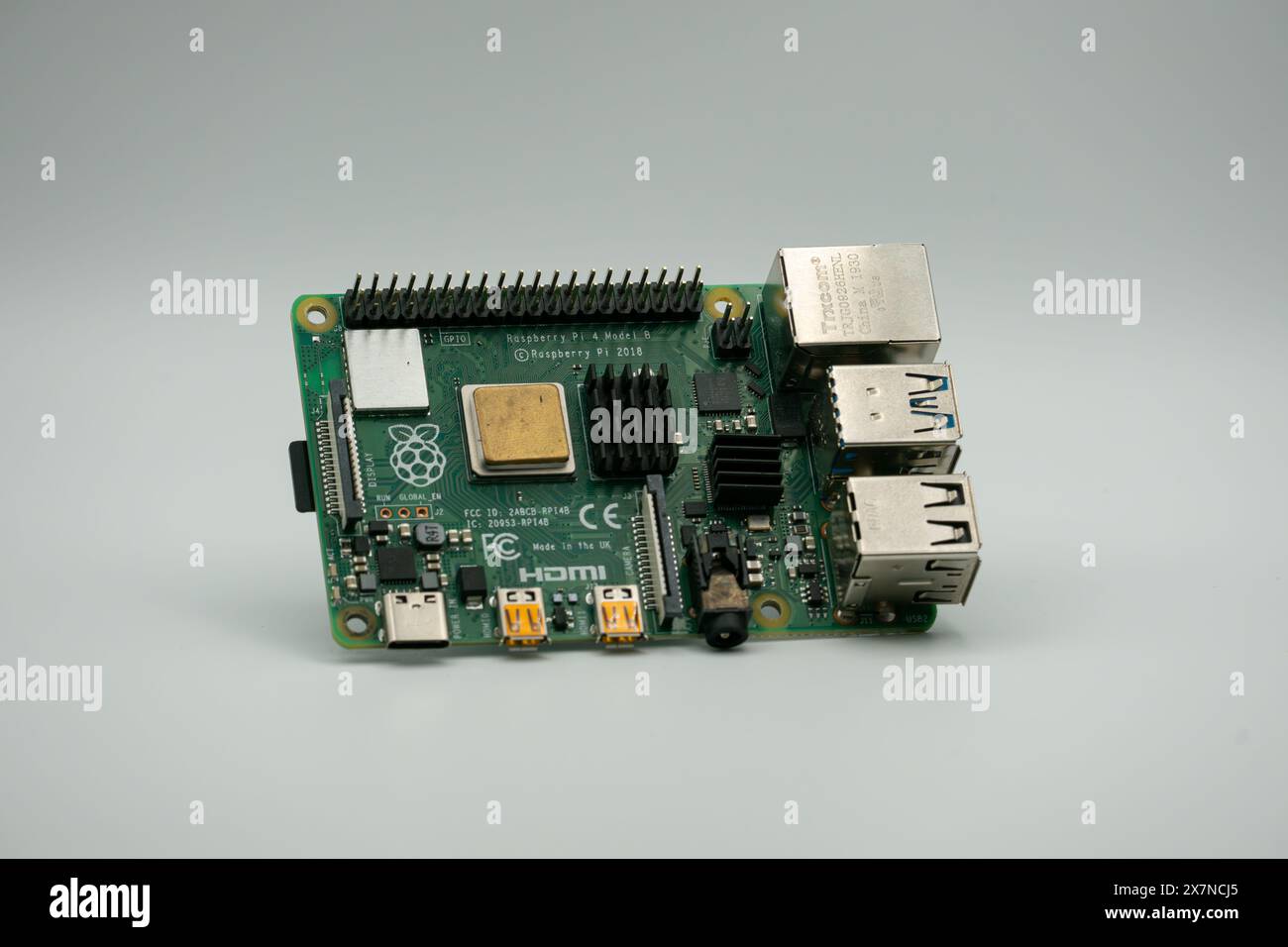 Raspberry Pi 4 close up on white surface Stock Photo - Alamy