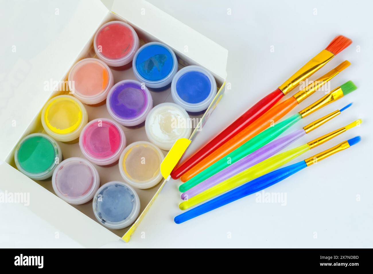 Paints, color brushes, twelve colors on a white background, office ...