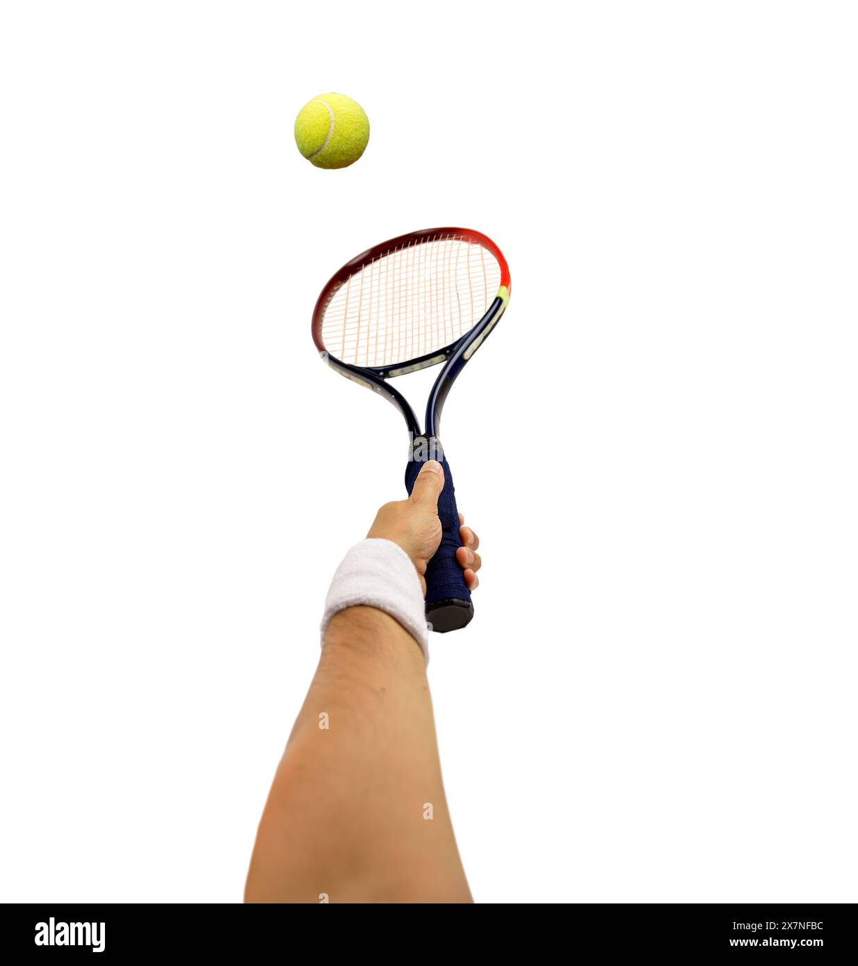 Close-up of hand holding a tennis racket hitting a ball isolated on ...