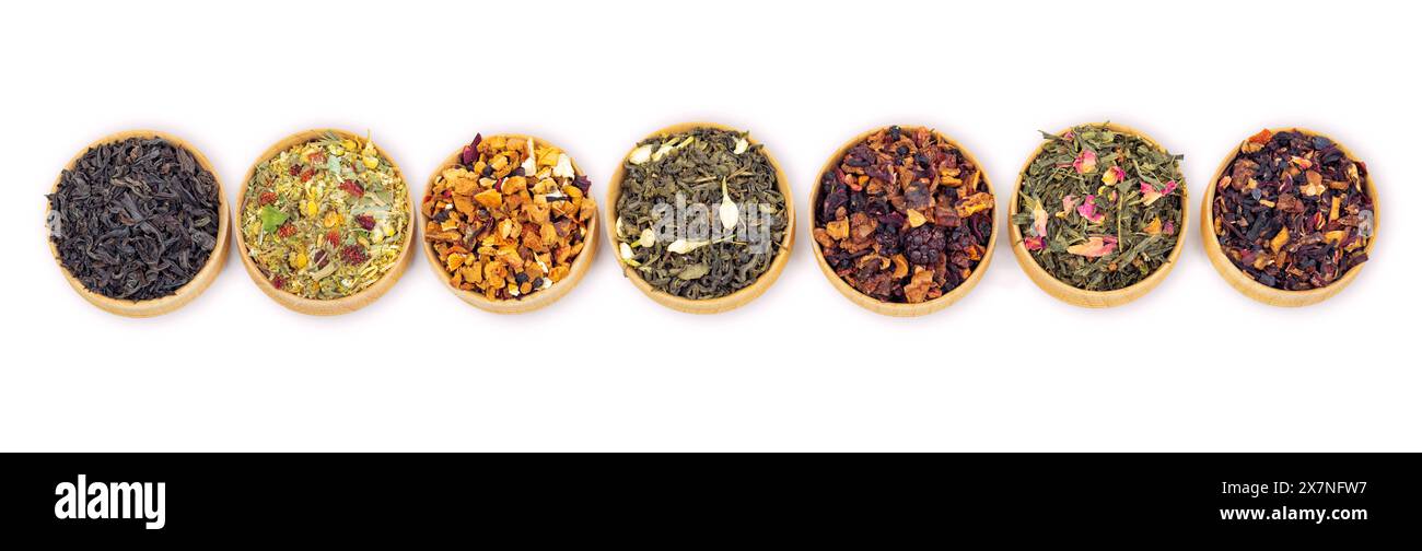 different types of tea on a white background. a kind of delicious tea ...