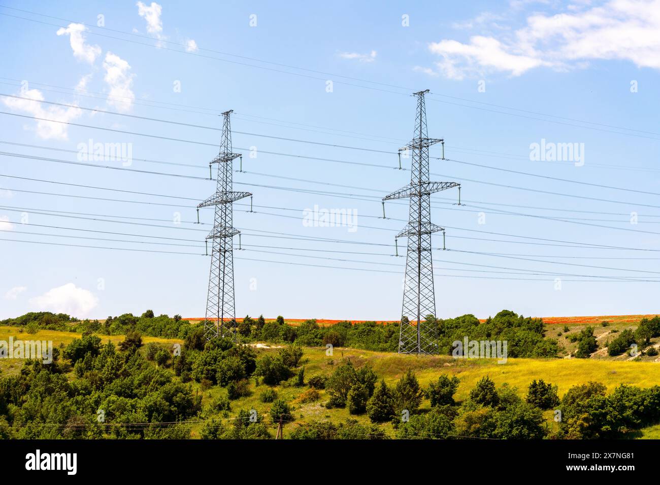 High voltage towers Electric pole. Power line support with wires for ...