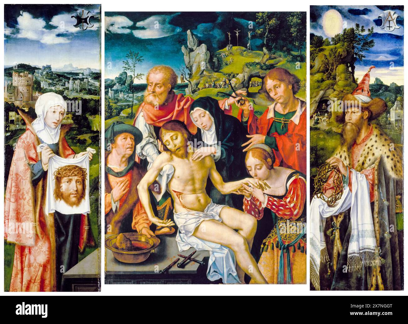 Joos van Cleve, Tripytych with the Lamentation, painting in mixed media on oak wood, 1524 Stock ...