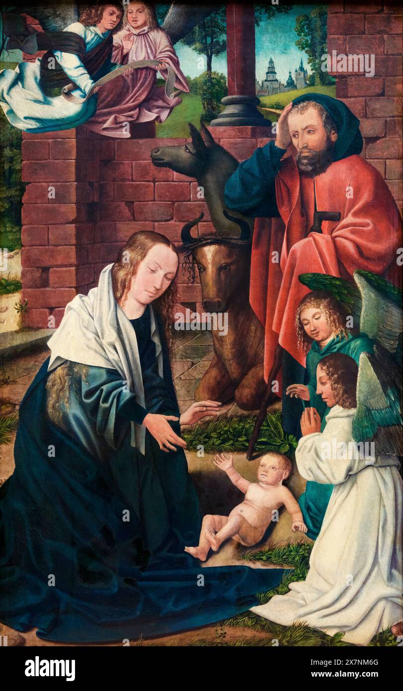 Master of Frankfurt, The Nativity, painting in oil on panel, 1500 Stock ...