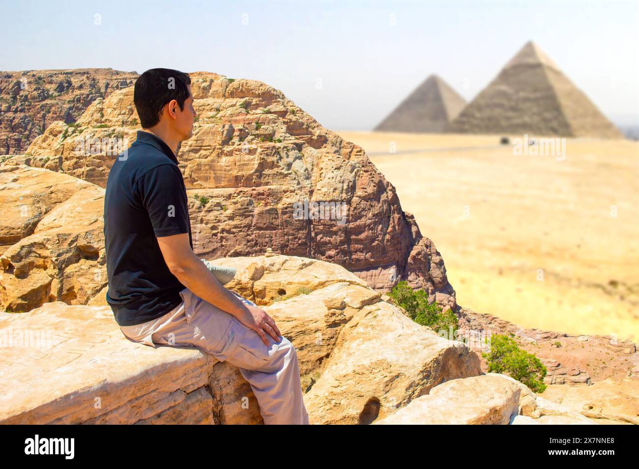 Rear view of a traveling man visiting Pyramids of Giza in Egypt Stock ...