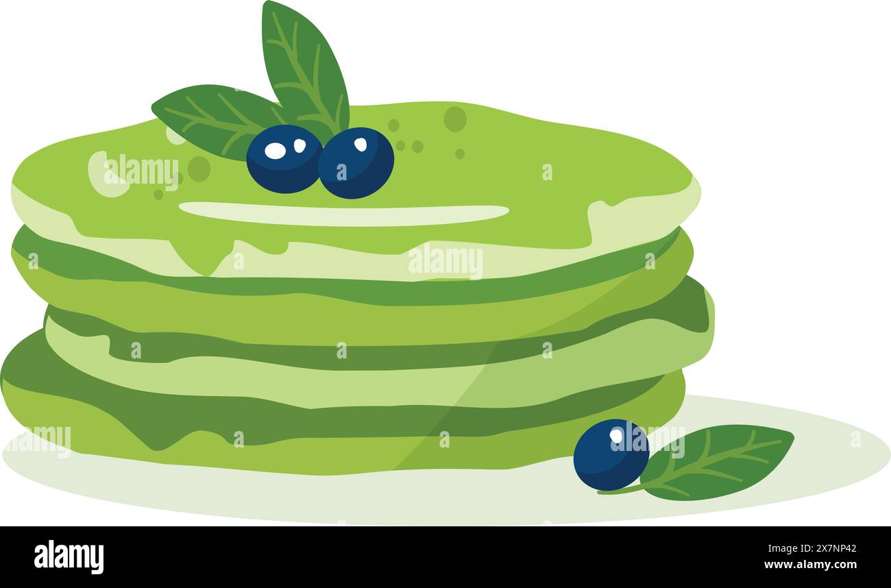 Green matcha pancakes with blueberries illustration Stock Vector Image ...