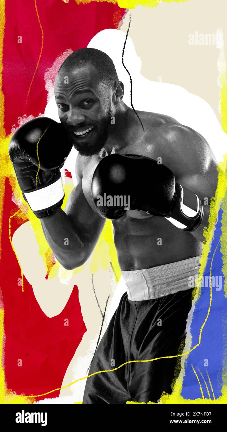 Determined and focused man with muscular body, boxer standing in globes ...