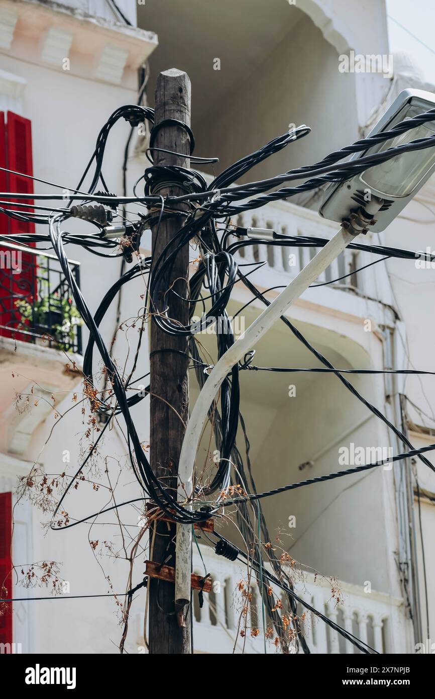Electrical wires, poles and power lines in Beirut, Lebanon Stock Photo ...