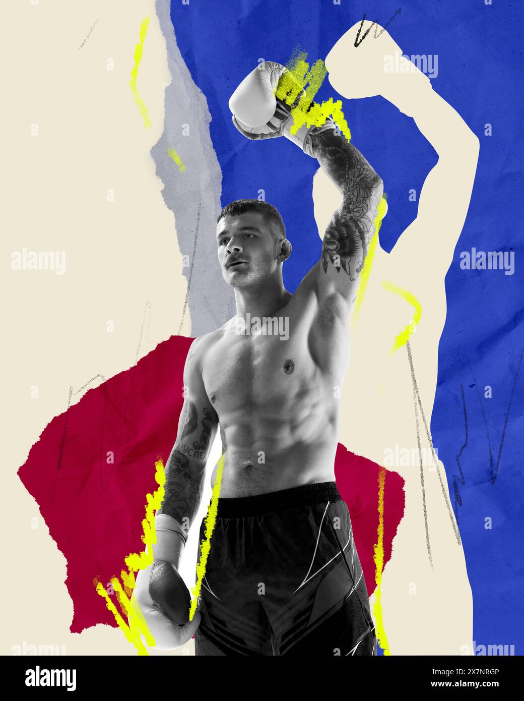 Champion. Muscular man, boxing athlete raising one hand upwards ...