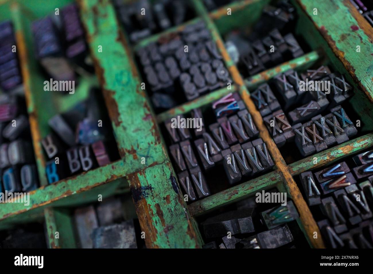 The movable metal letterpress types are seen stored in a type case at ...