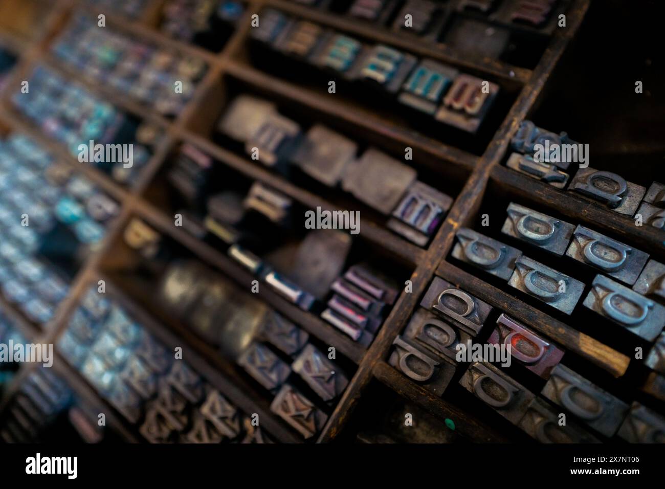 The movable metal letterpress types are seen stored in a type case at ...