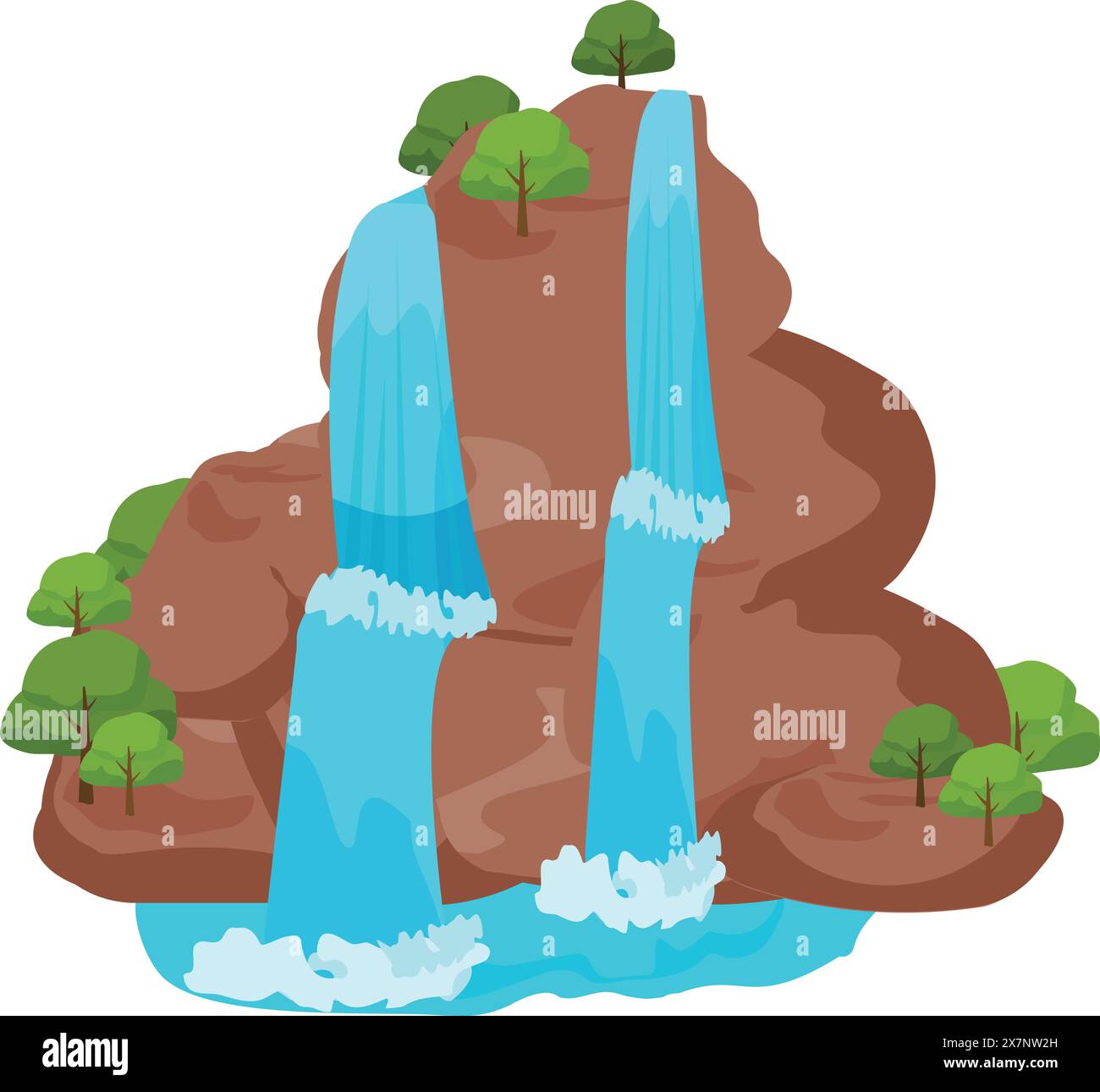Vibrant vector illustration of a dual waterfall with trees on a rocky ...