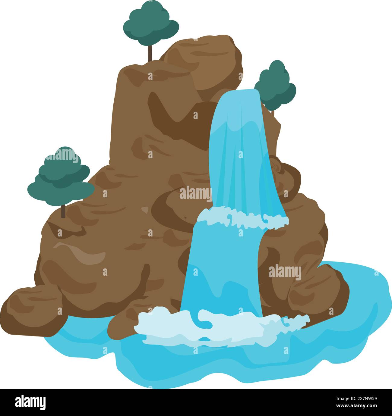 Vibrant vector illustration of a cascading waterfall with trees on a ...